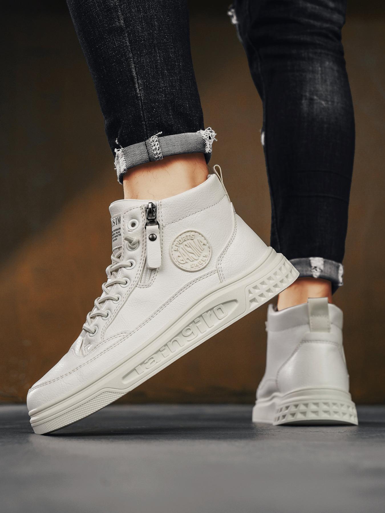 Men's Solid Color High Top Sneakers with Zipper Decor, Comfortable ...