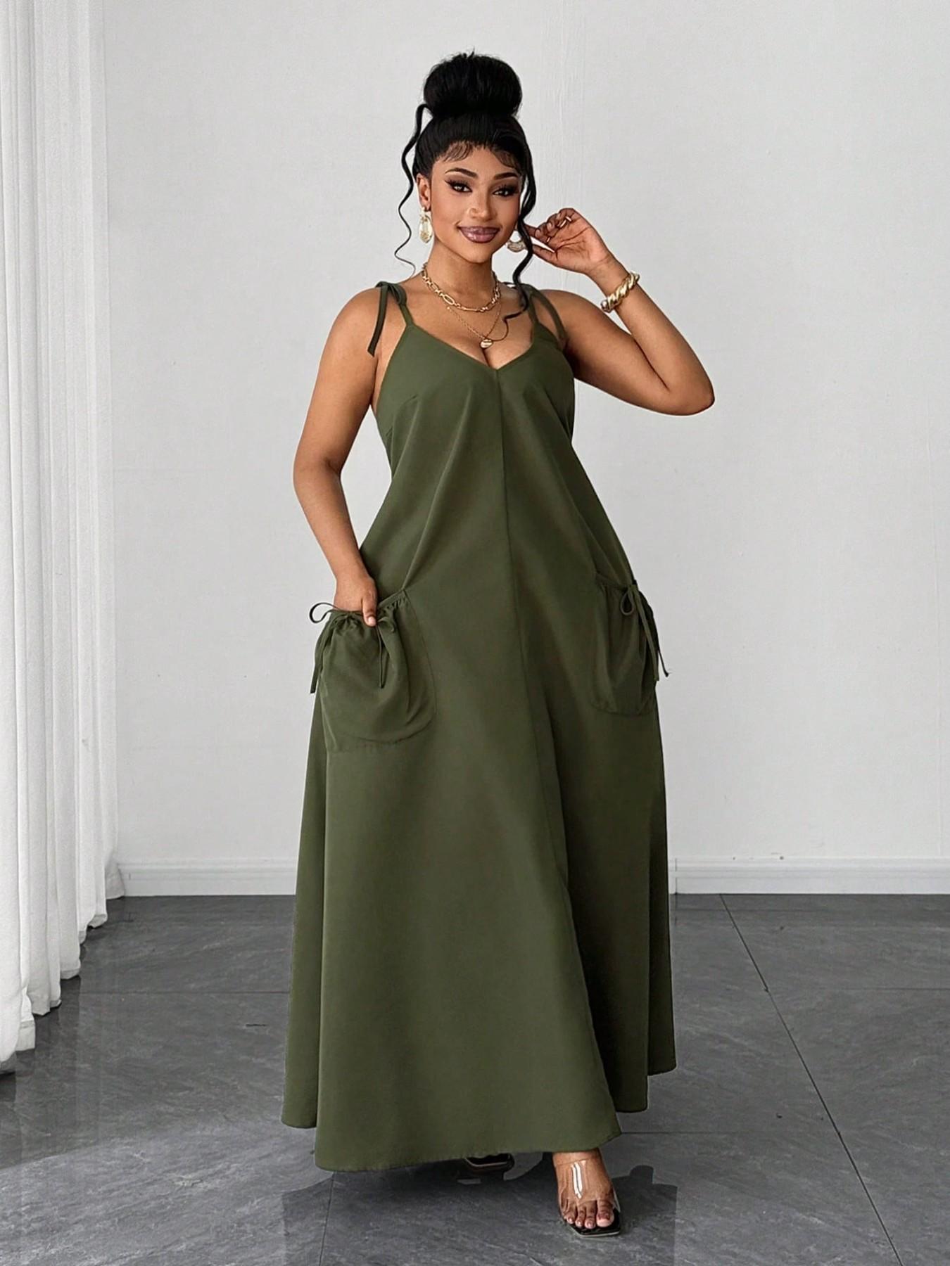 Plus Size Women's Long Casual Dress, V Neck Thin Straps Sleeveless Maxi ...