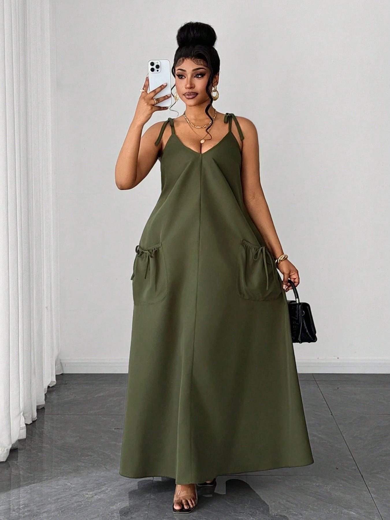 Plus Size Women's Long Casual Dress, V Neck Thin Straps Sleeveless Maxi ...
