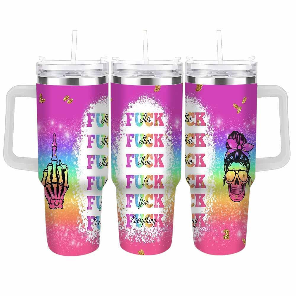 Rainbow Skeleton Hand Tumbler (40oz/30oz/20oz) Vibrant Messy Bun Skull ...