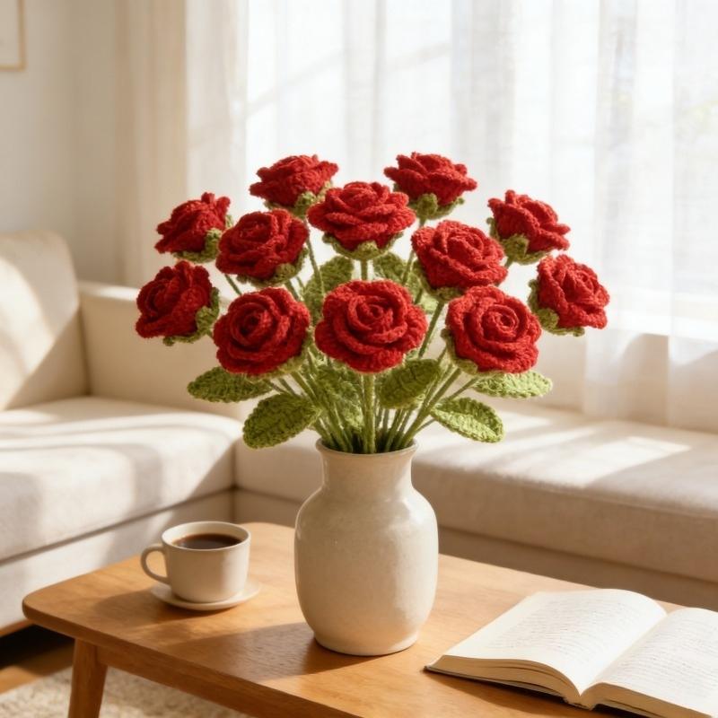 10 crocheted red roses, simulation bouquets that never fade, home ...