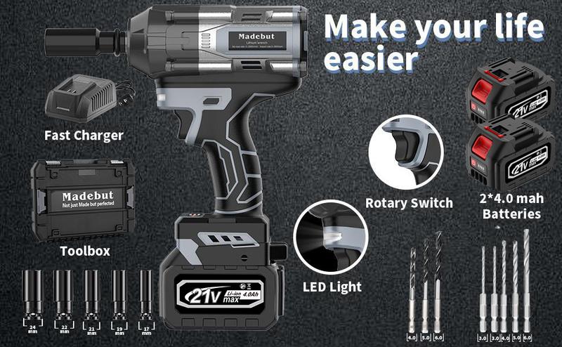 1000Nm Brushless Impact Wrench, Cordless Impact with 2 * 4.0Mah, 3-IN-1 ...