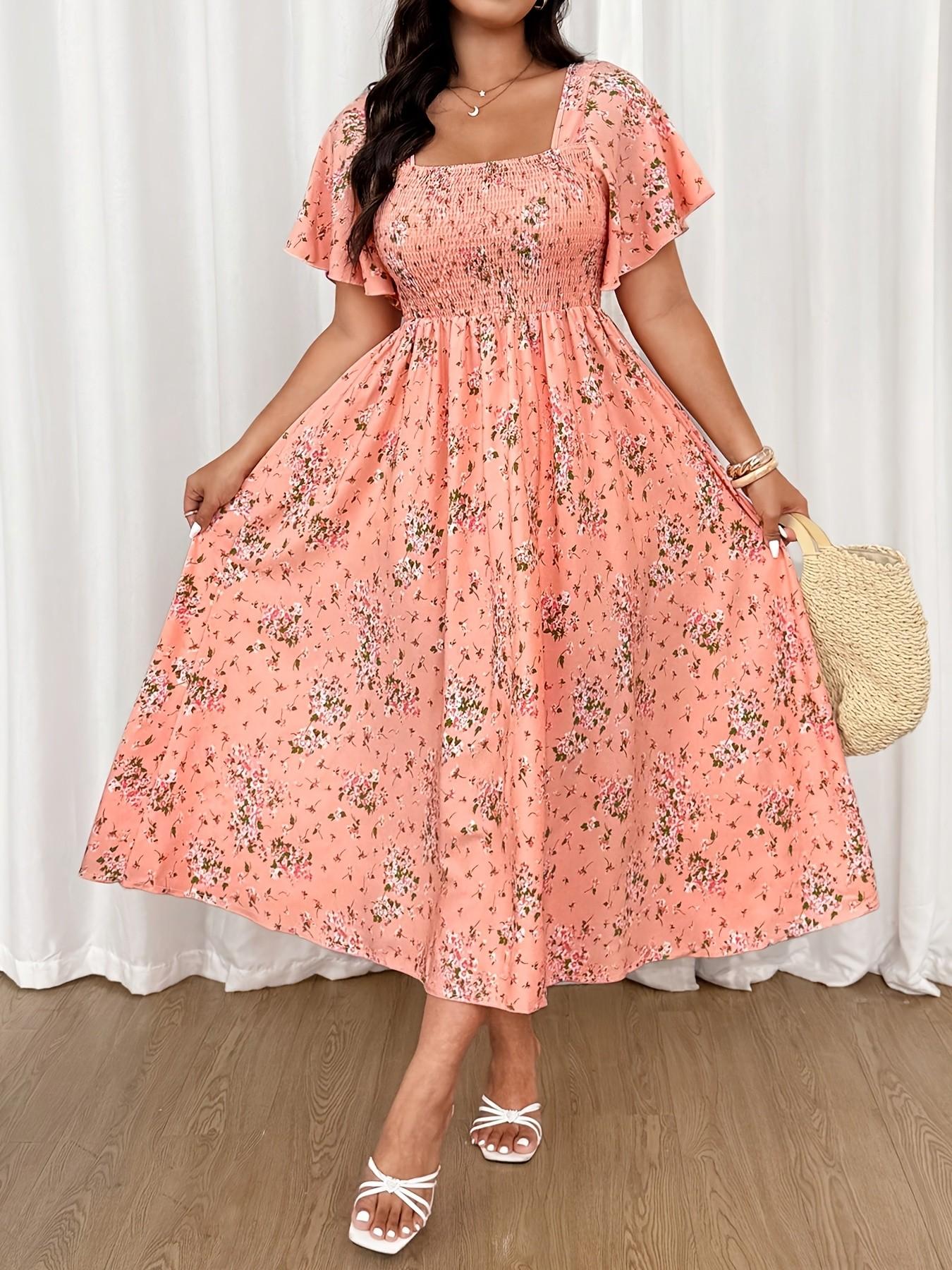 Summer Plus Size Floral Pleated Dress, Womenswear, Square Neck, Elastic ...