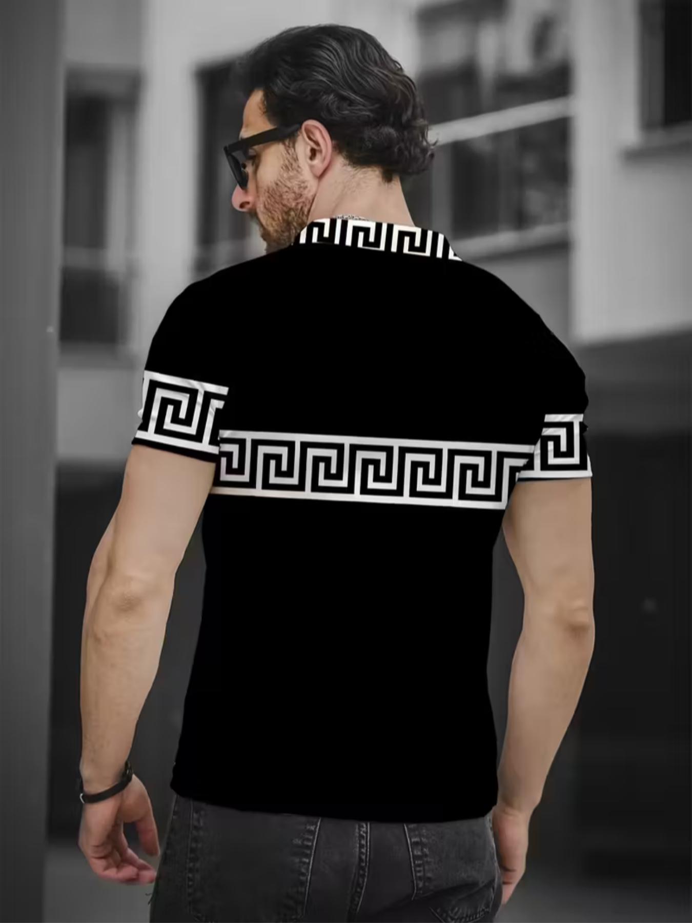 Men's Digital Print Polo Shirt Top, Casual Sports Polo, Fitted Style ...