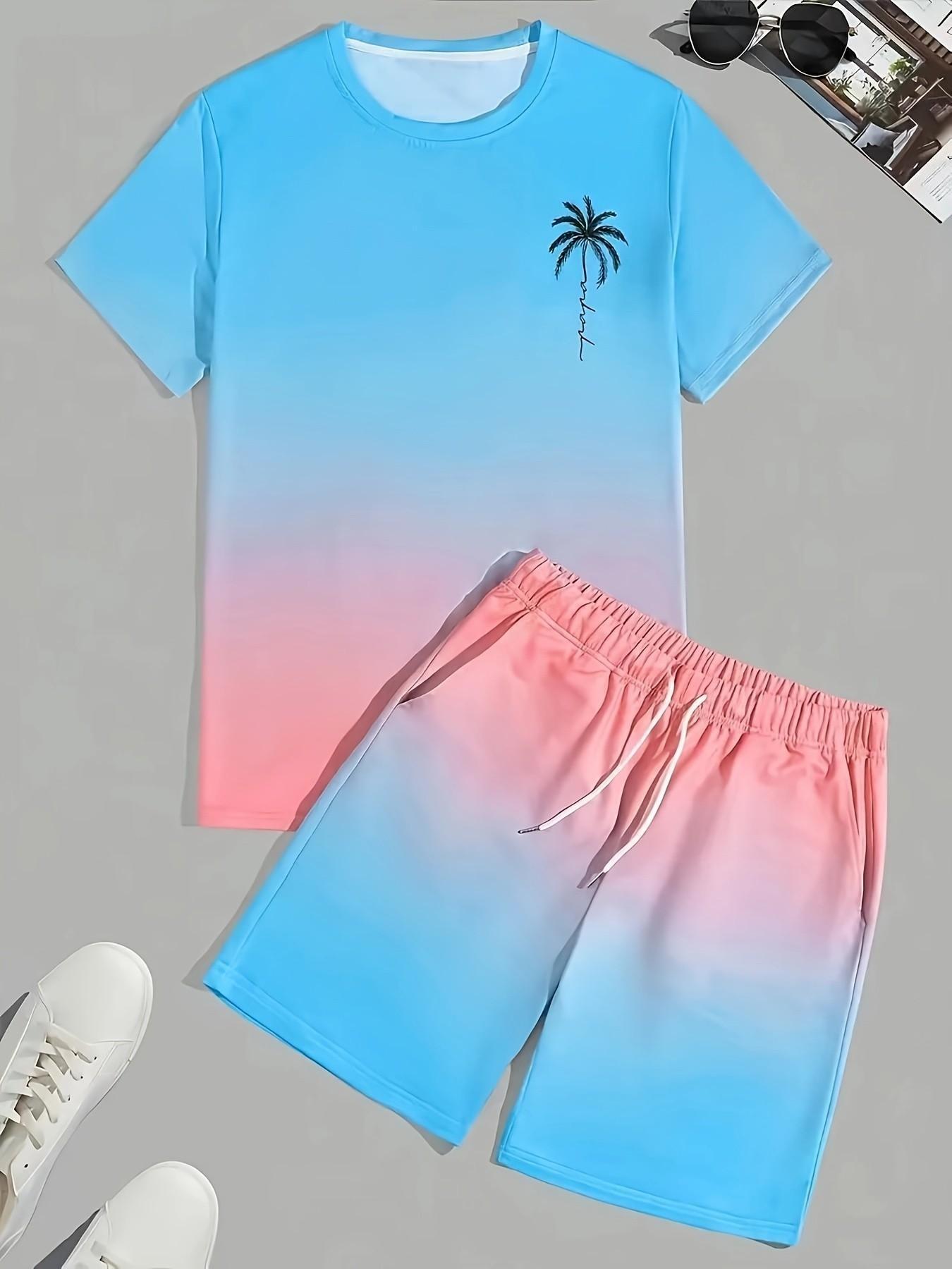 Summer Men's Beach Style Tropical Gradient Coconut Tree Print Short ...
