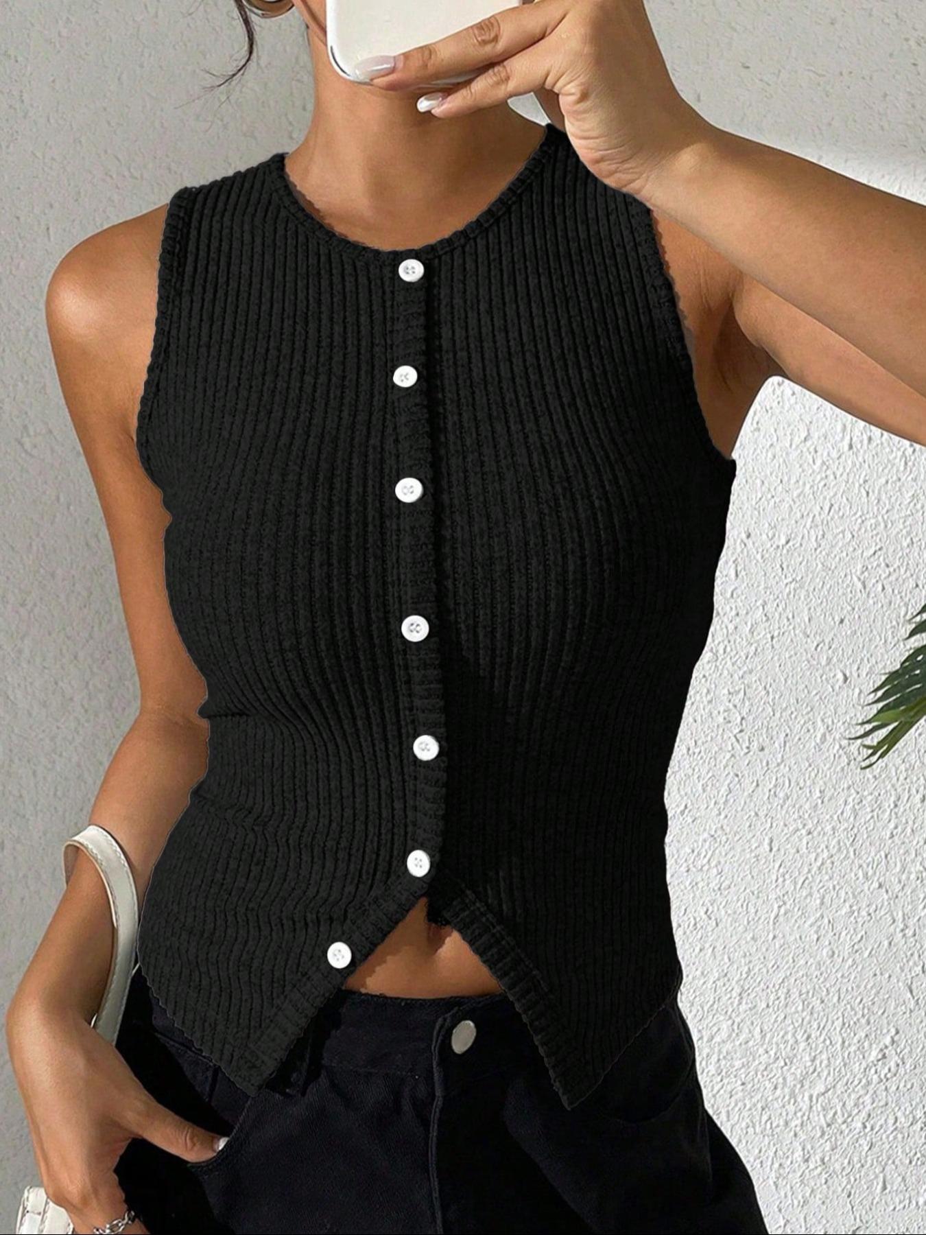 New Women's Fashion Casual Versatile Solid Color Sleeveless Round Neck ...
