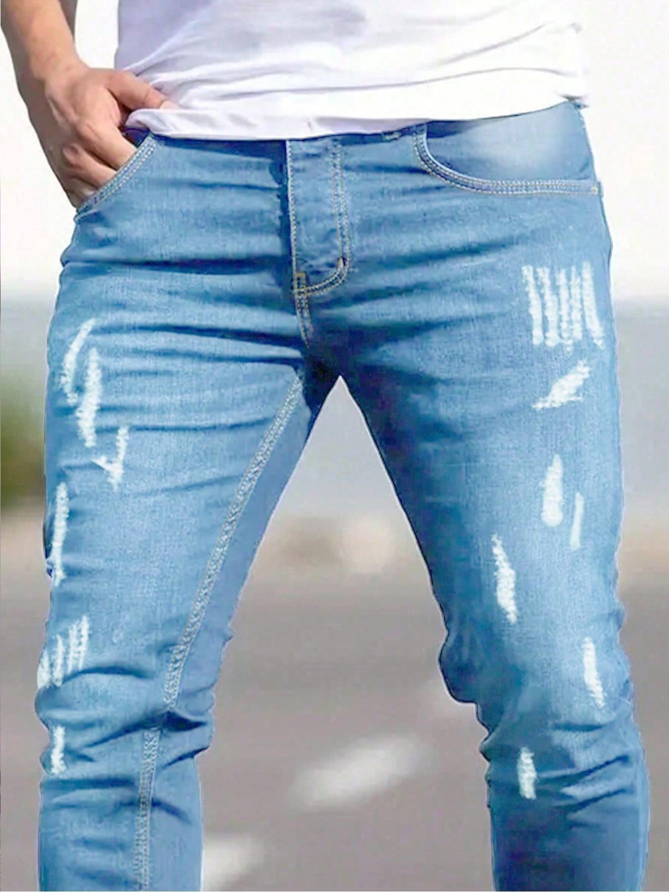 Men's Light Blue Ripped Fitted Stretch Denim Jeans, Casual Street Style ...