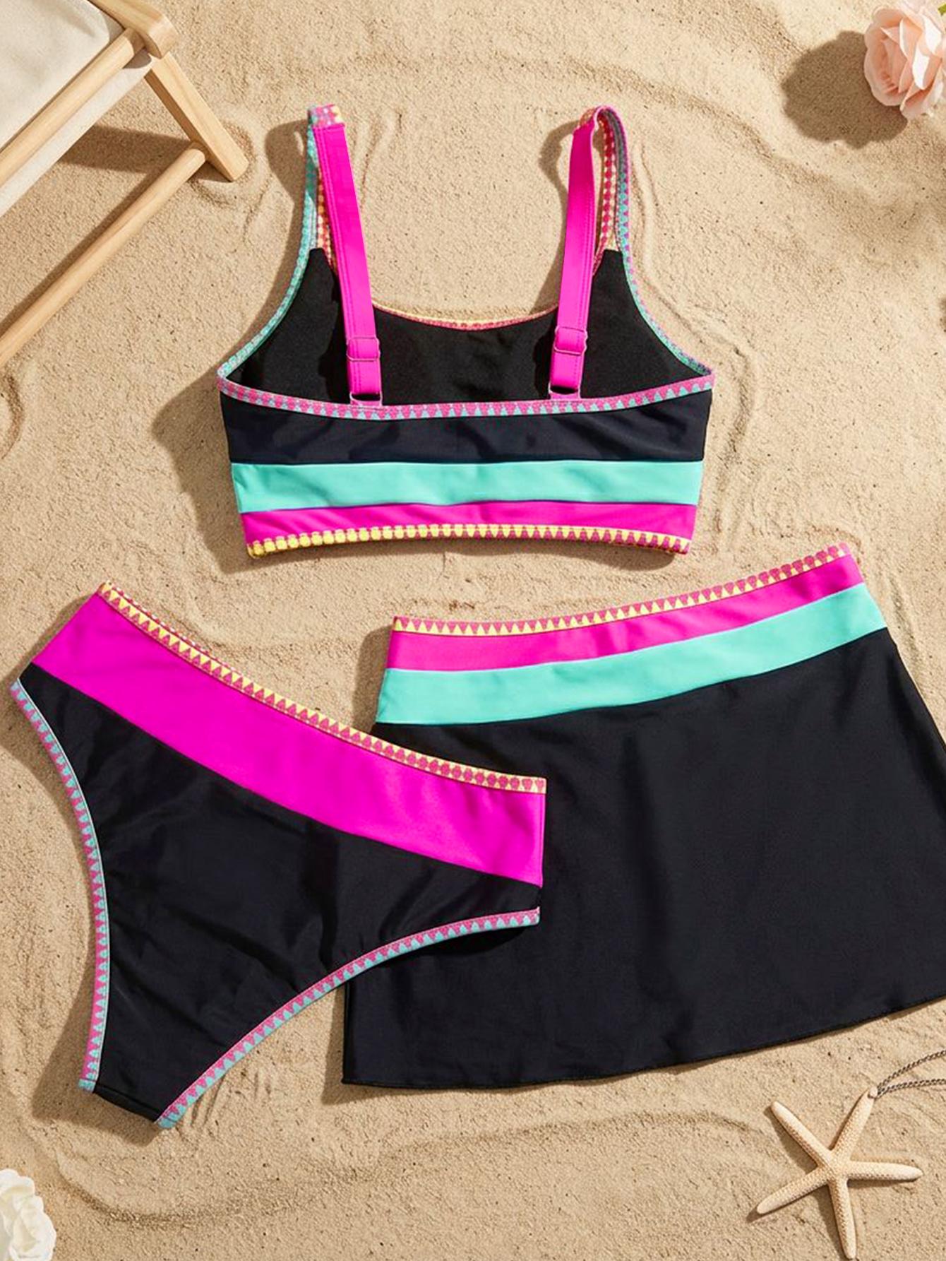 New Women's Fashion Colorblock Swim Top Bikini Set, Sexy Low Waist ...