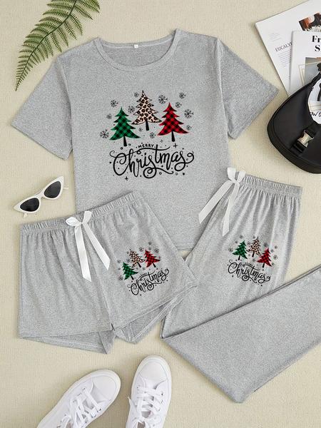 Women's Christmas Tree Print Pajama Set, Matching Pajamas, Casual ...