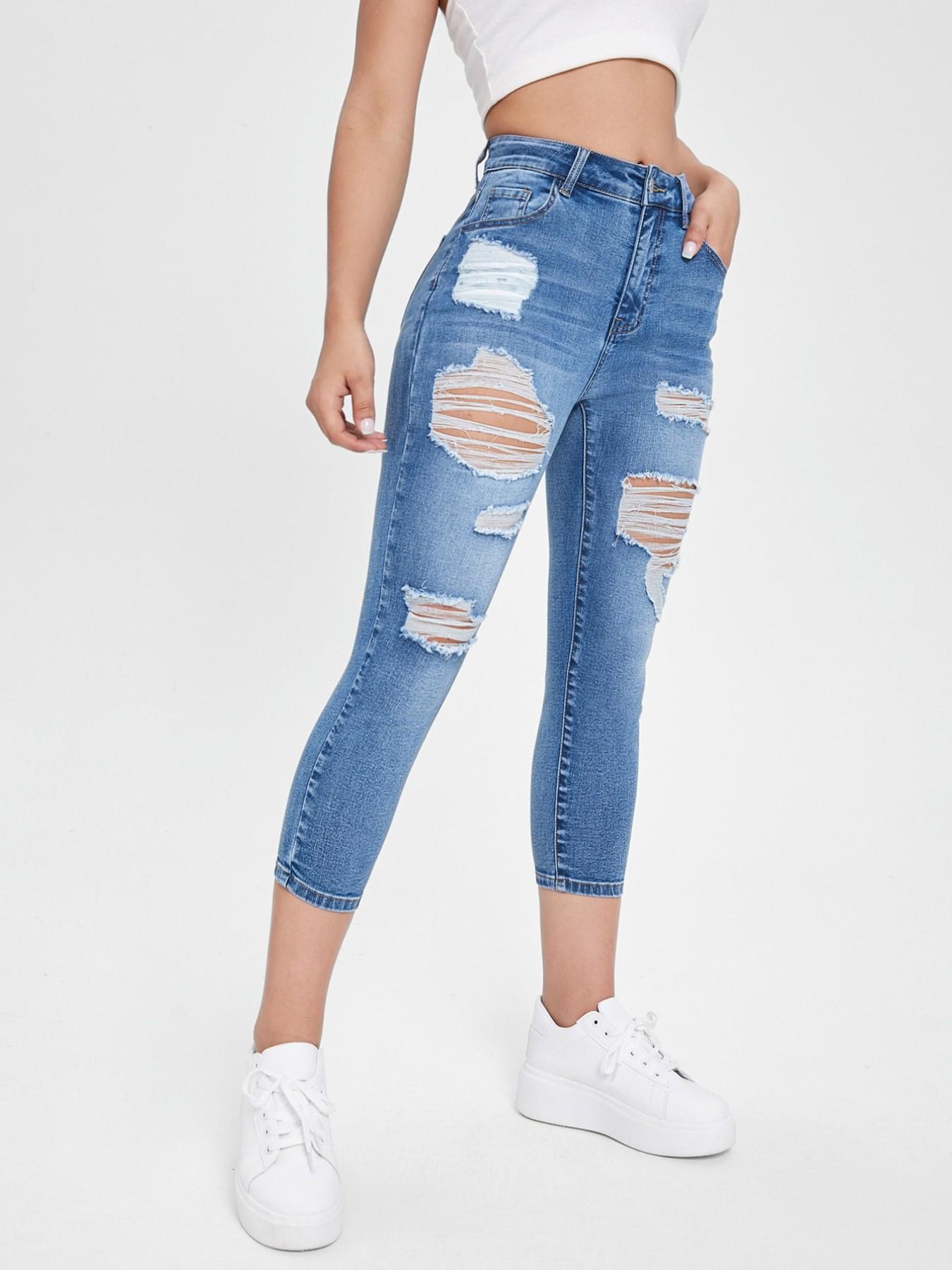 Sweet Cool Style Ripped Hem Seven-Point Denim Skinny Jeans, Loose ...