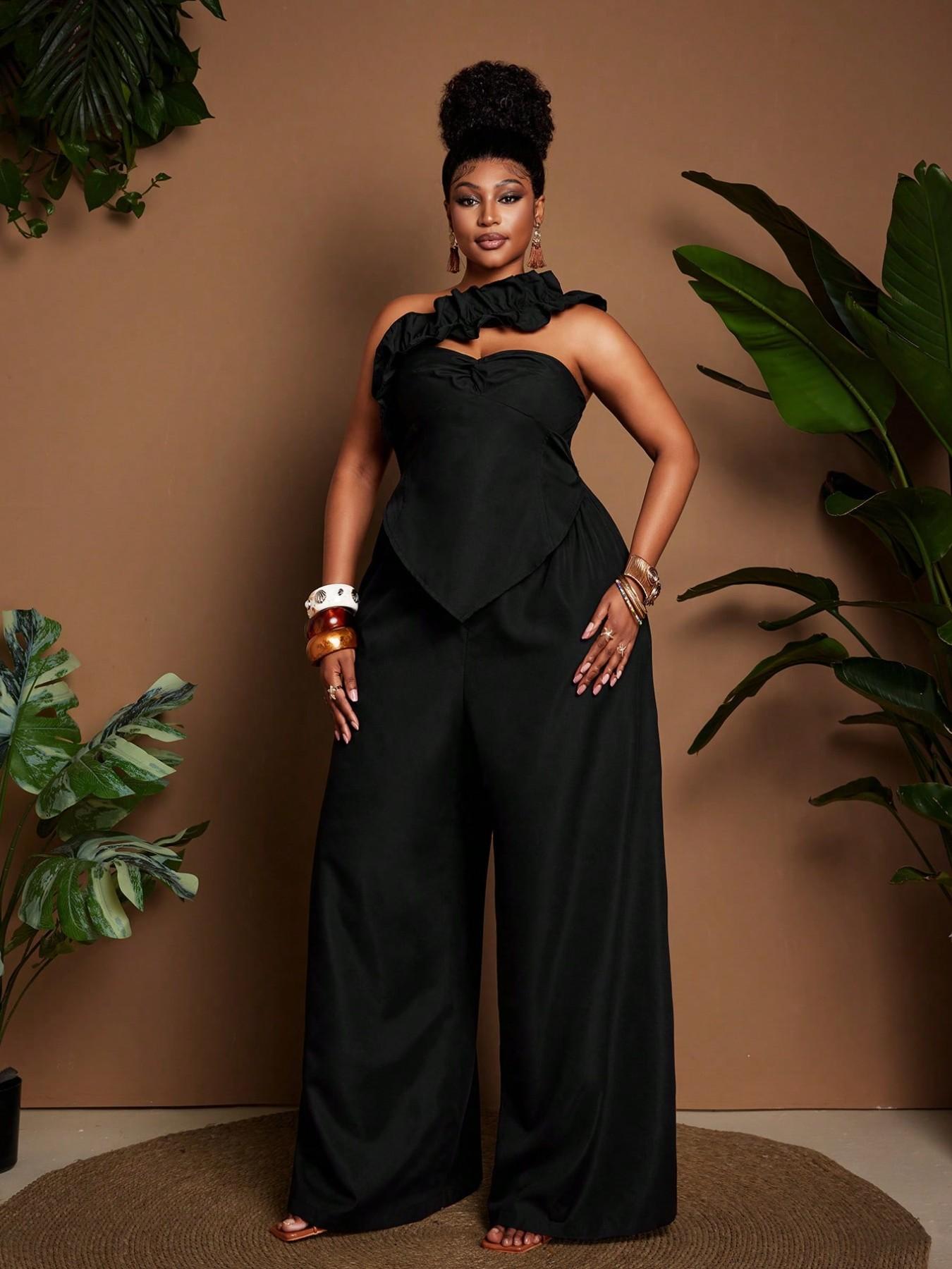 Plus Size Women's One-Shoulder Ruffle Crop Jumpsuit, High-Waisted Wide ...