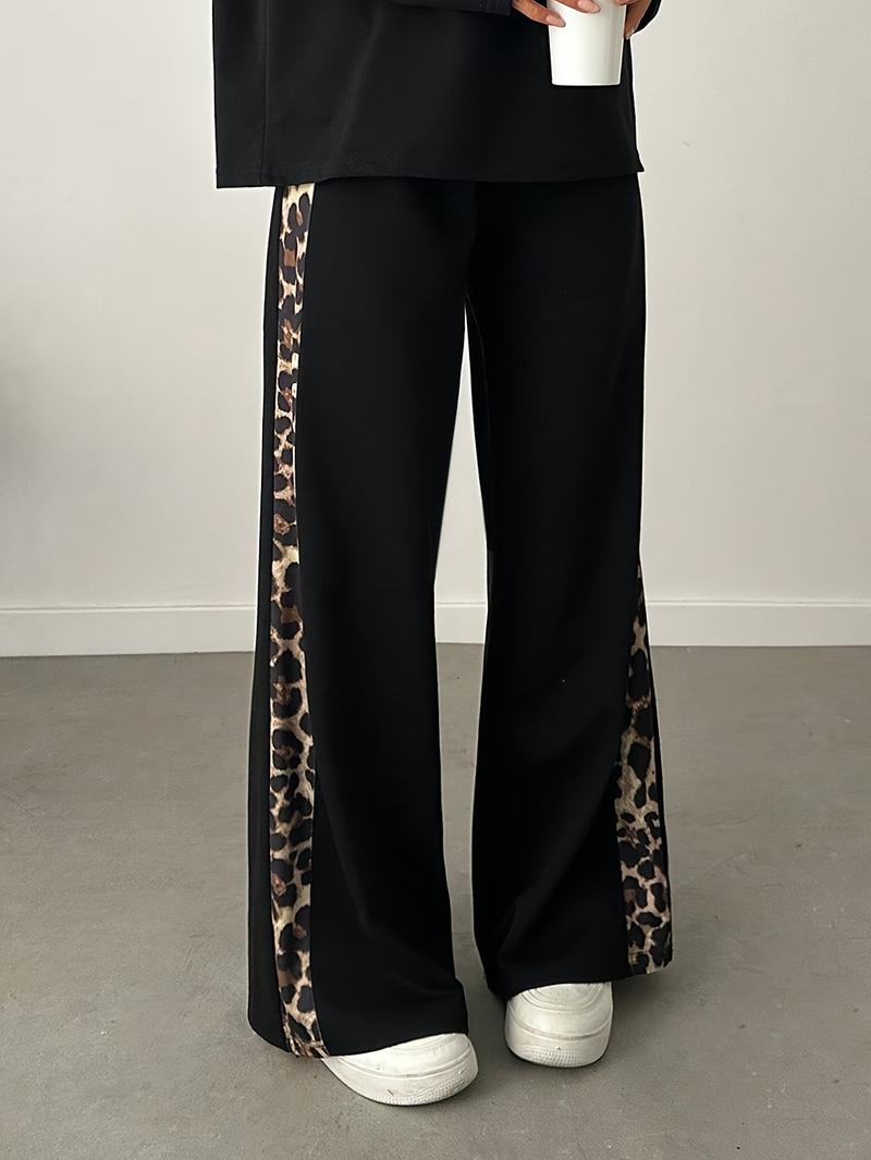 Women's Plus Size Wide Leg Pants, Side Leopard Print Design, Casual ...
