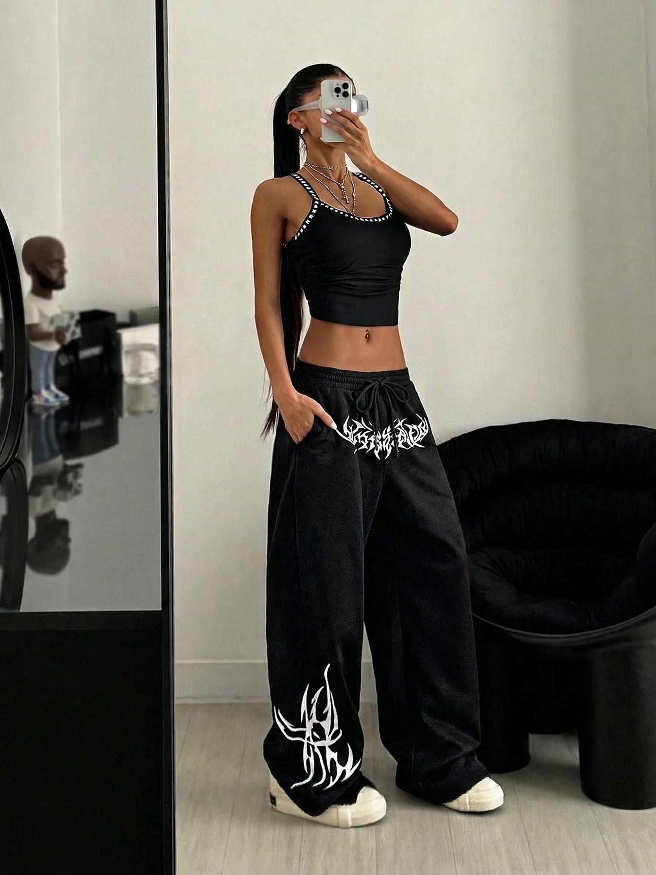 Y2K Gothic Flame Print Wide Leg Sweatpants for Women, E-girl Streetwear ...