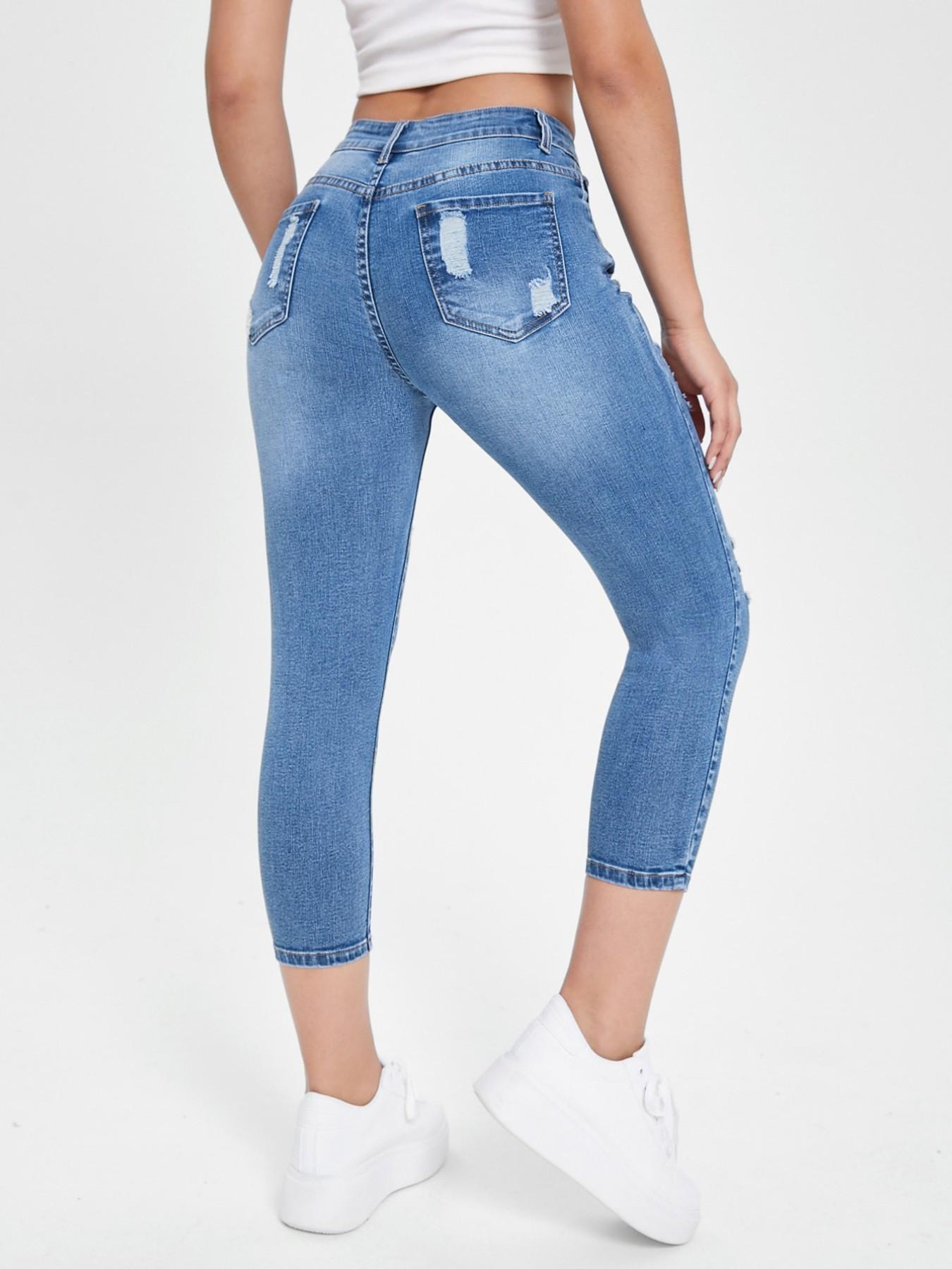 Sweet Cool Style Ripped Hem Seven-Point Denim Skinny Jeans, Loose ...