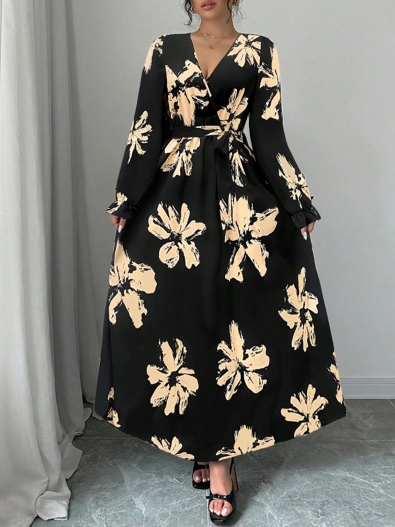 Chiquease Women's Lady Neck Lantern Sleeve Floral Cinched Waist A-Line ...