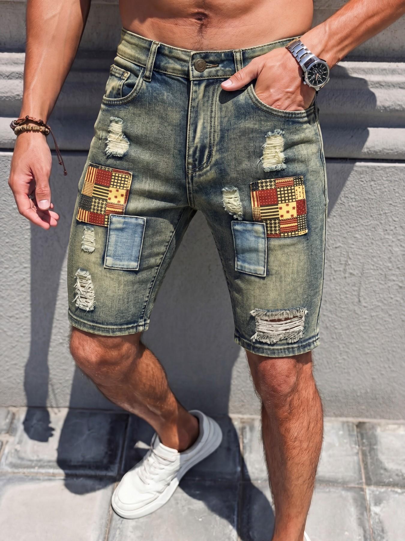 Men's Vintage Washed Denim Shorts, Slim Fit Patchwork Design, Frayed ...