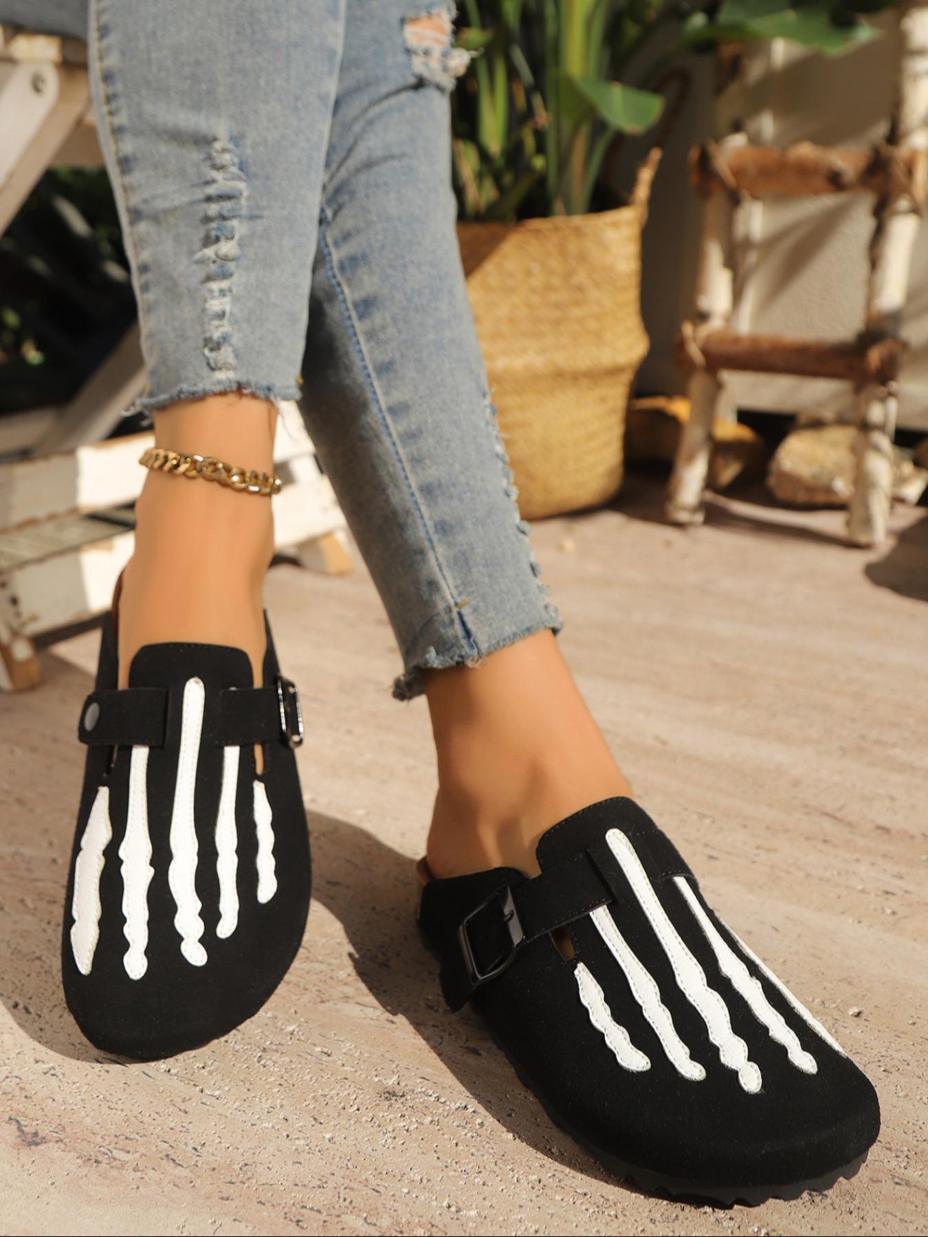 Women's Skull Print Half Slipper, Casual Comfortable Home Footwear ...