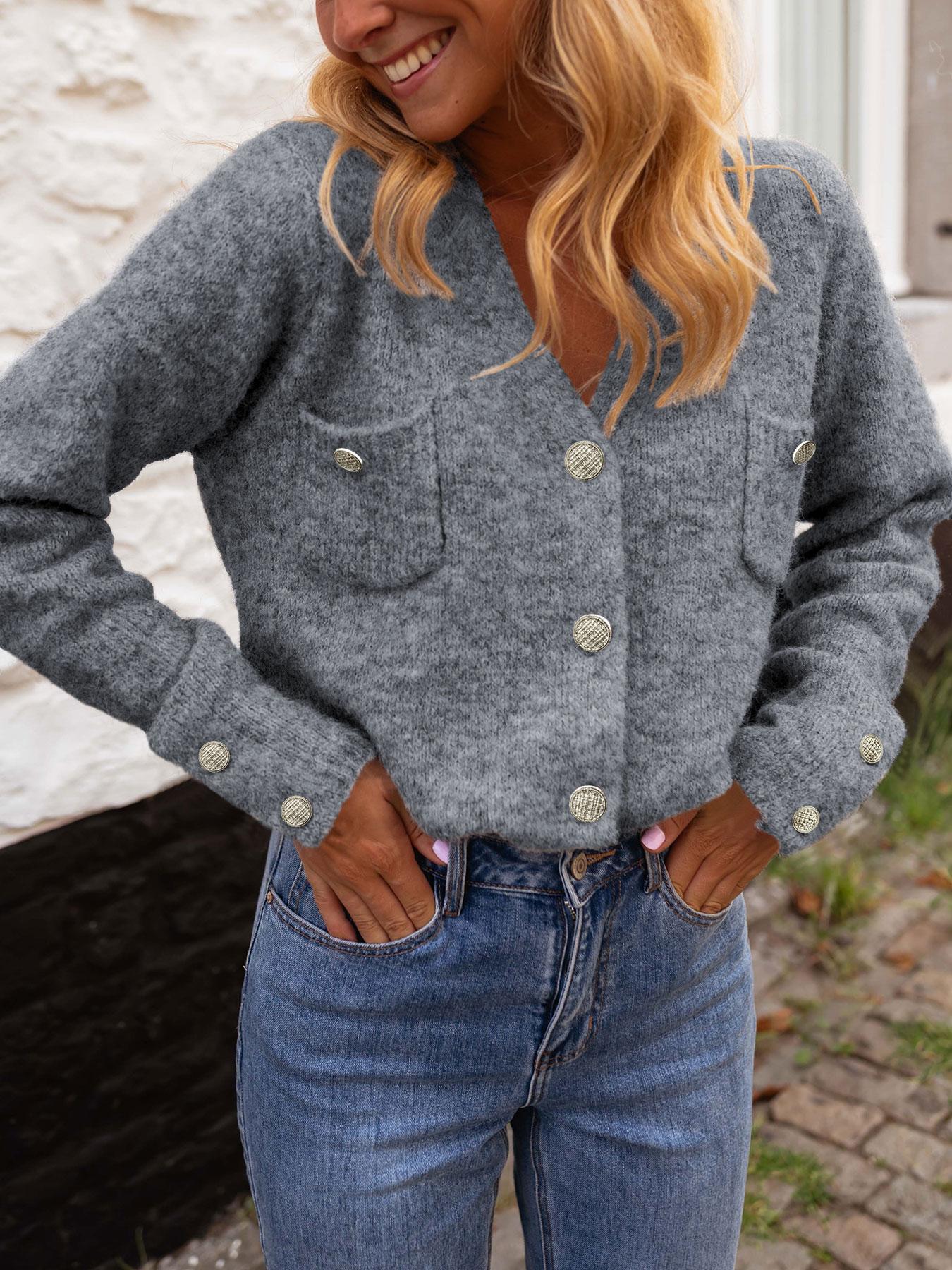Women's V Neck Drop Shoulder Knit Cardigan with Pockets - TikTok Shop