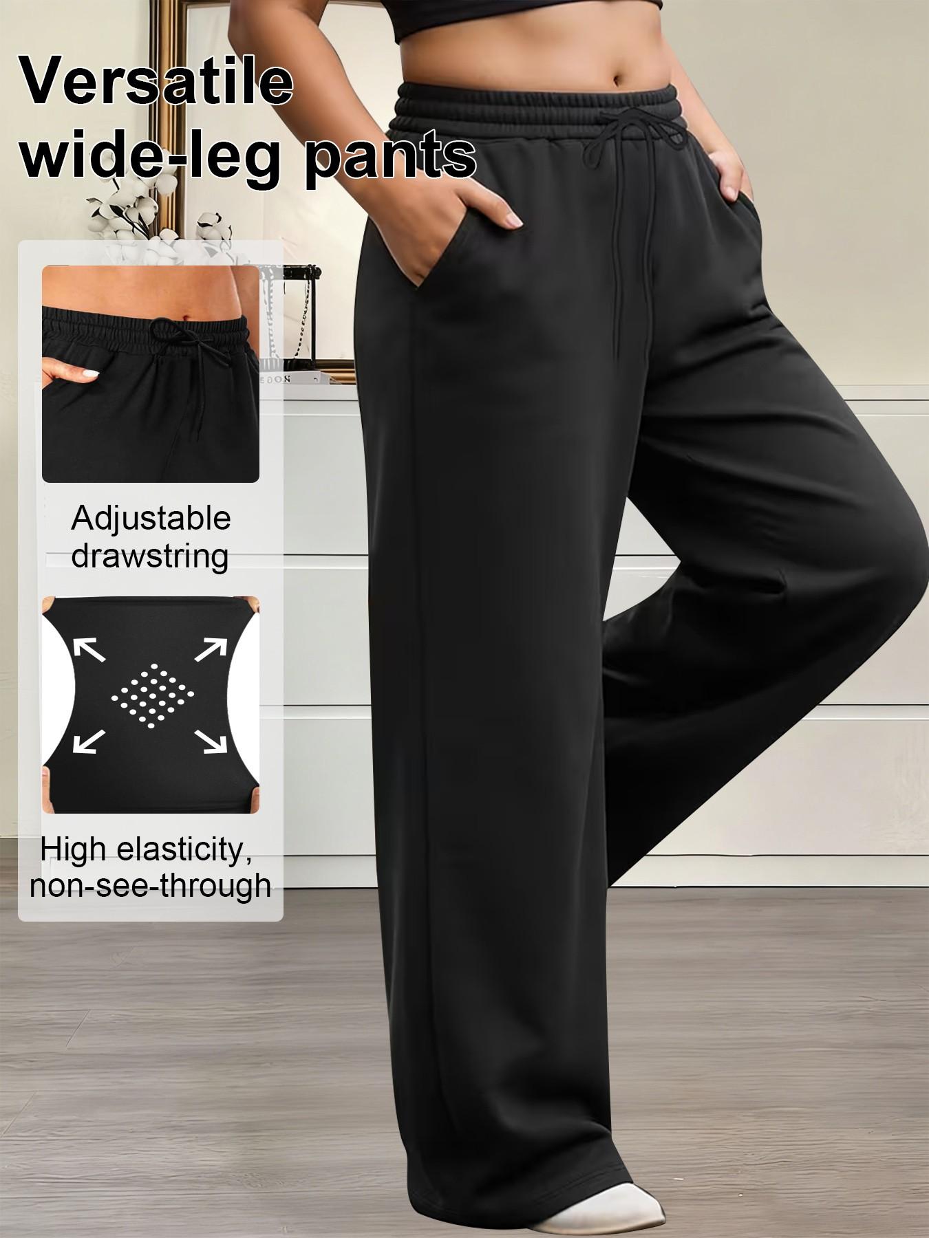 Women's Plus Size Wide Leg Sport Pants, Soft Elastic Fabric, Pockets ...