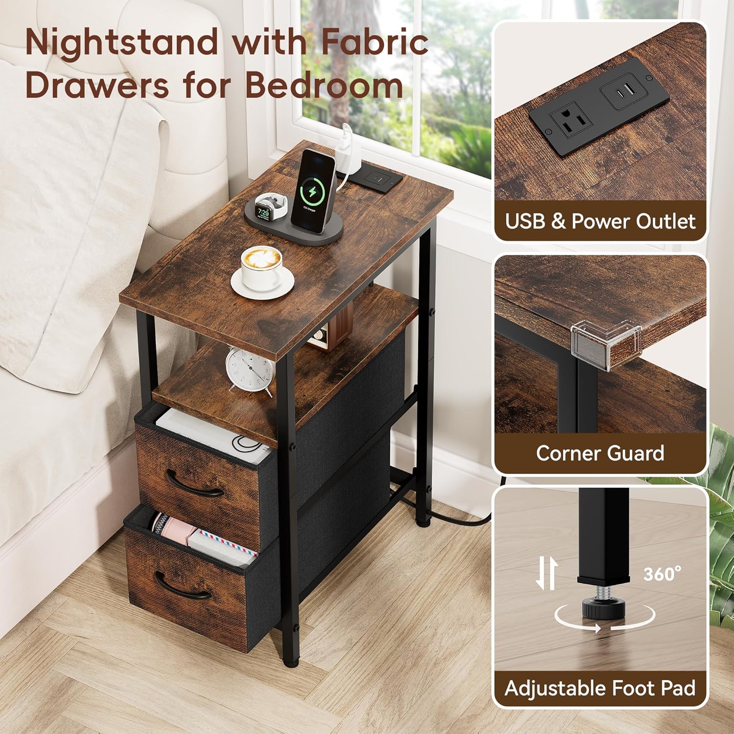 End Table with Station, Narrow Side Table, 23.8'' Tall Nightstand with ...