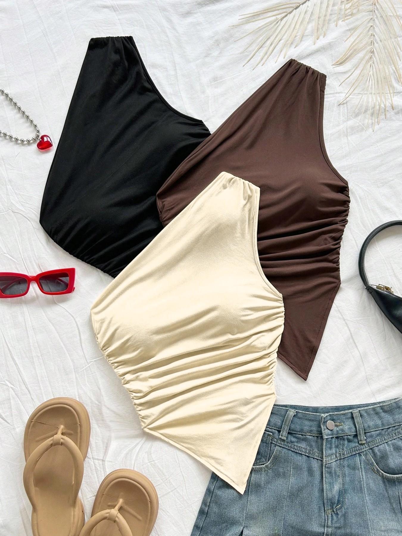 Women's Sleeveless Asymmetric Hem Ruched Vest Set, Casual Soft Top ...