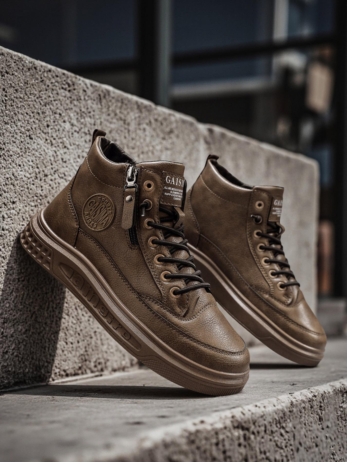 Men's Solid Color High Top Sneakers with Zipper Decor, Comfortable ...