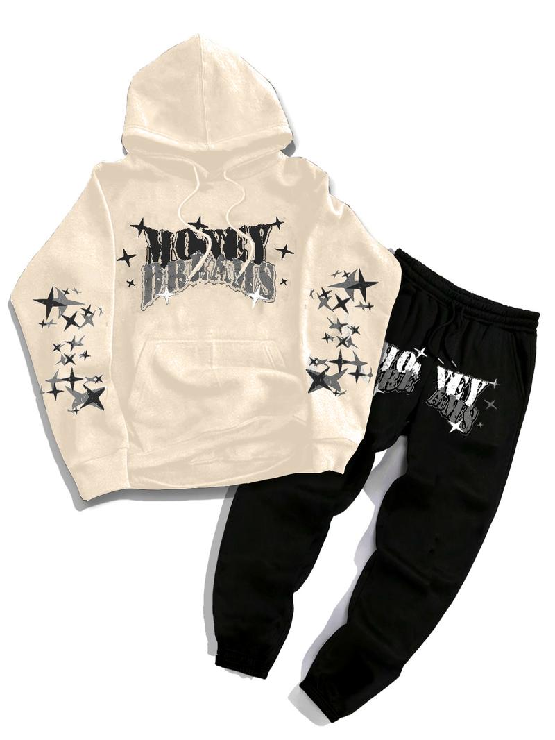 Men's 2 Piece Set, Star Pattern Super Smart Letter Print Hoodie and ...