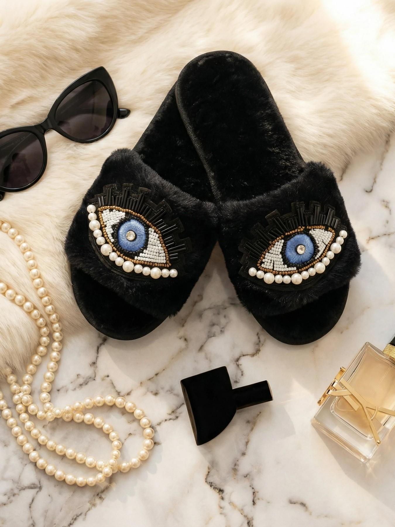 Women's Plush Strap Devil Eye Embroidered Slippers, Comfortable Faux ...