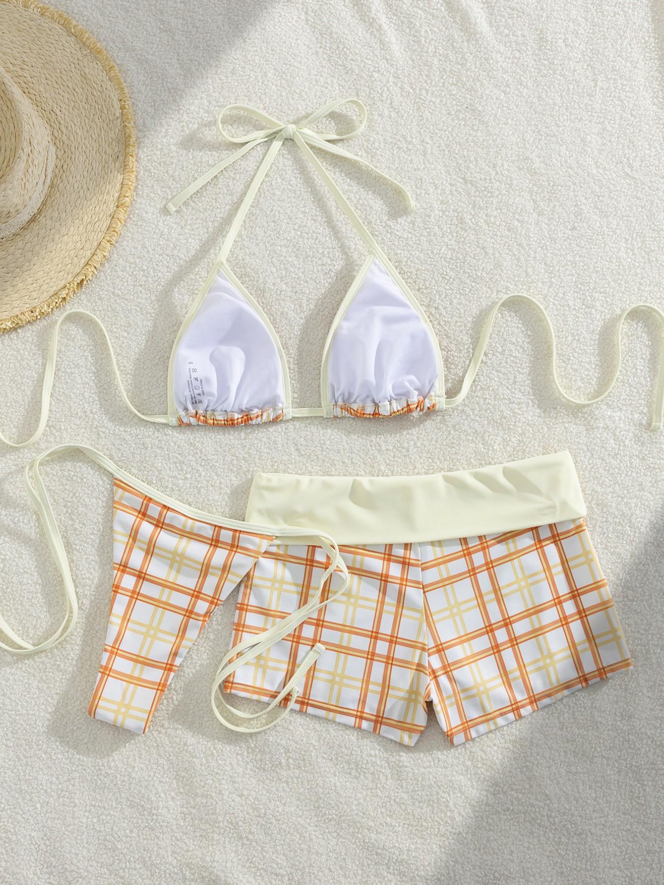 Women's Beige & Orange Plaid Halter Neck Bikini Swimsuit Set - 3-Piece ...