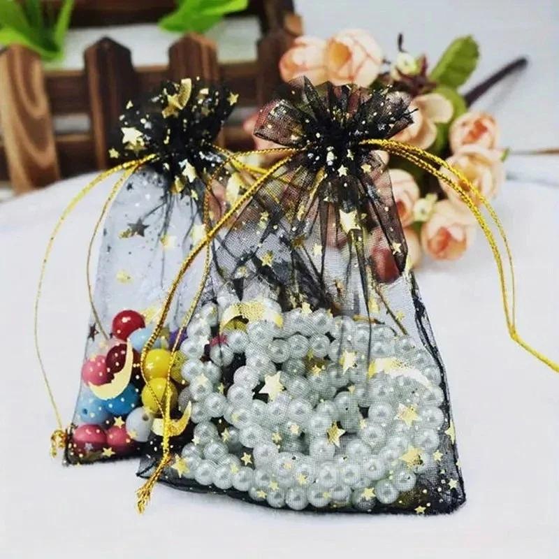 10/30/50pcs Mixed Color Organza Mesh Bags, Star Moon Pattern Drawstring ...