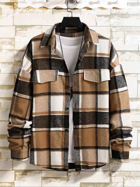 Men's plaid print long sleeve coat with button front, no hat, loose and ...