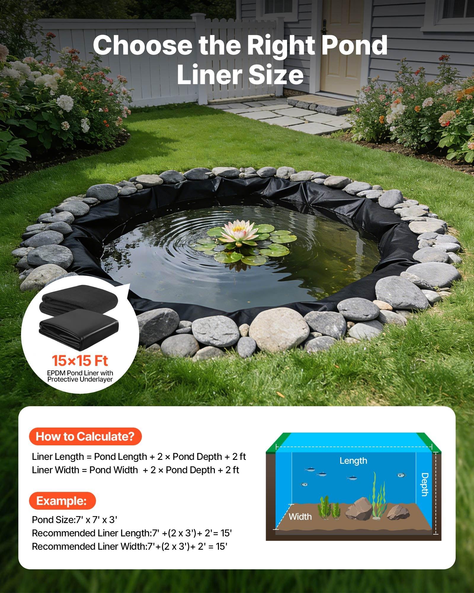 VEVOR Pond Liner 15 x 15 ft, 45 Mil, EPDM Rubber Fish Koi Pond Liner ...