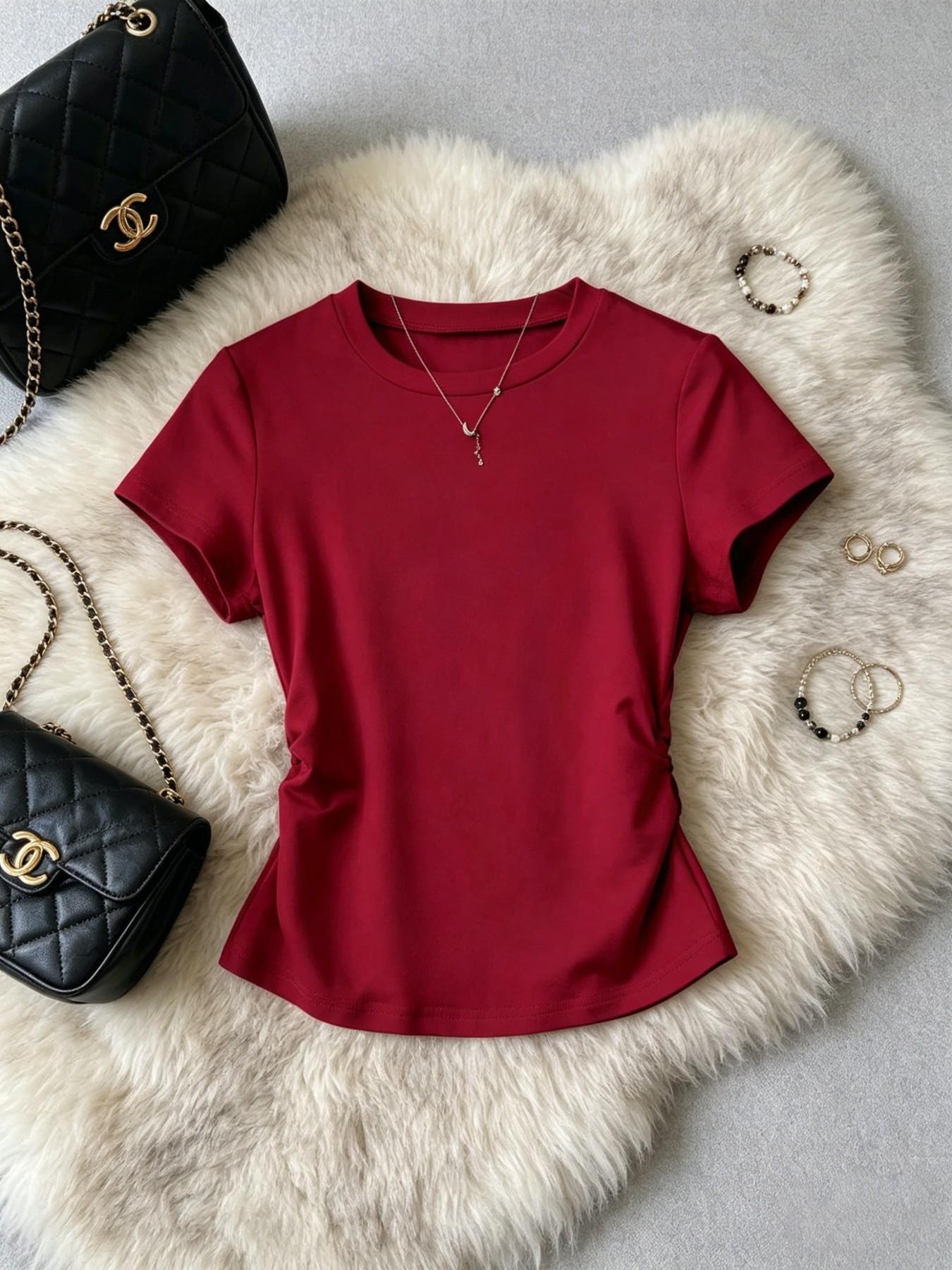 Women's Side Ruched Round Neck Short Sleeve T-Shirt, Summer Slim Fit ...