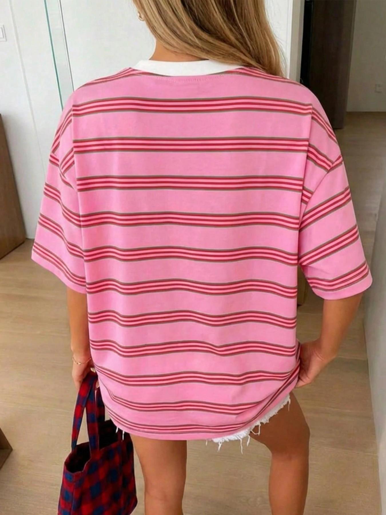 2026 Soft Cotton Pink Striped Oversized Casual Crewneck T-Shirt ...