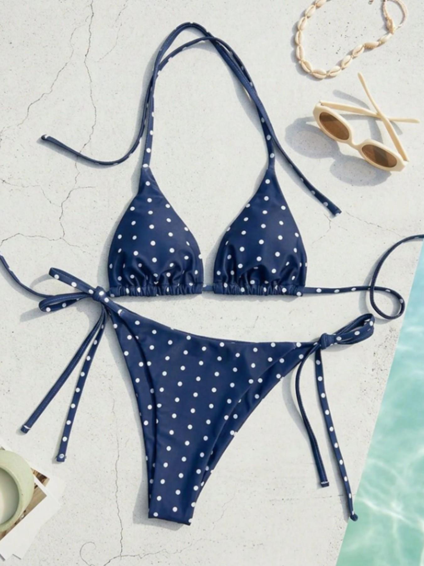Blue Polka Dot Halter Bikini Set, Vintage Design, Adjustable Straps ...