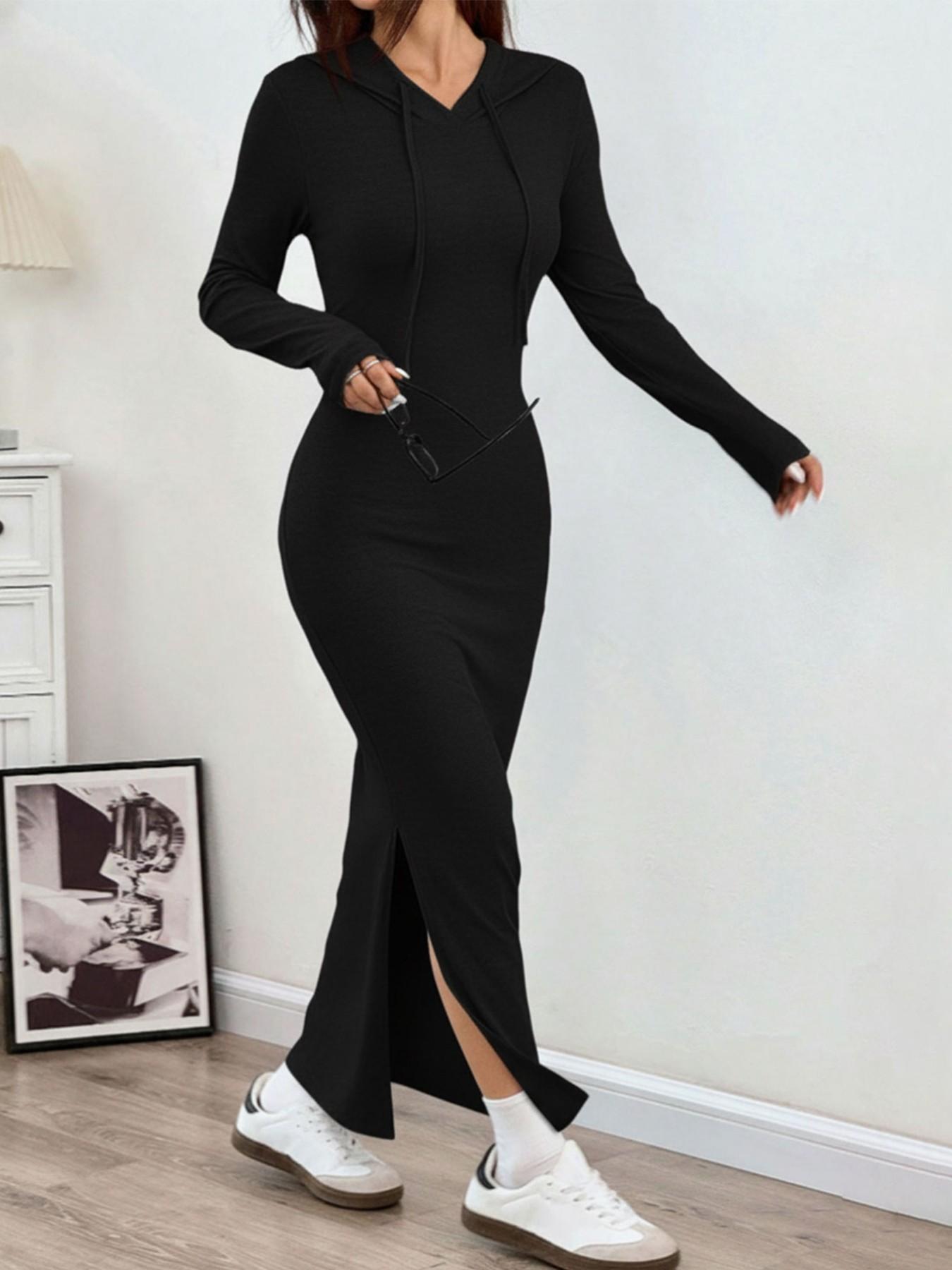 Long Hooded Womenswear Lady Dress with Slit, Long Sleeve, Slim-Fitting ...
