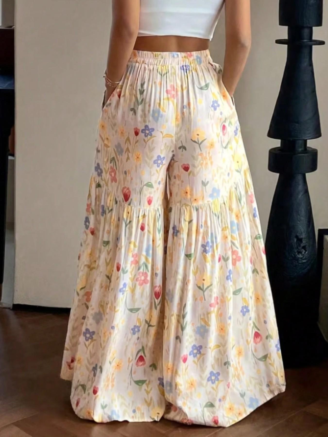 Women's Floral Wide Leg Pants, Loose Fit Flowy Long Trousers, Fashion ...