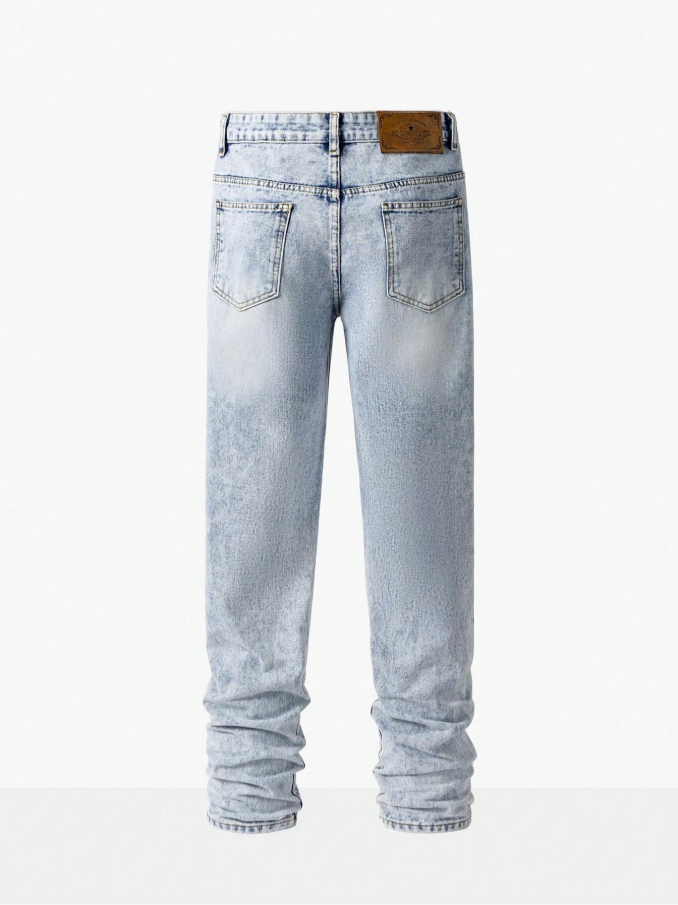 Men's Ripped Straight-Leg Slim-Fit Jeans - Light Blue - TikTok Shop