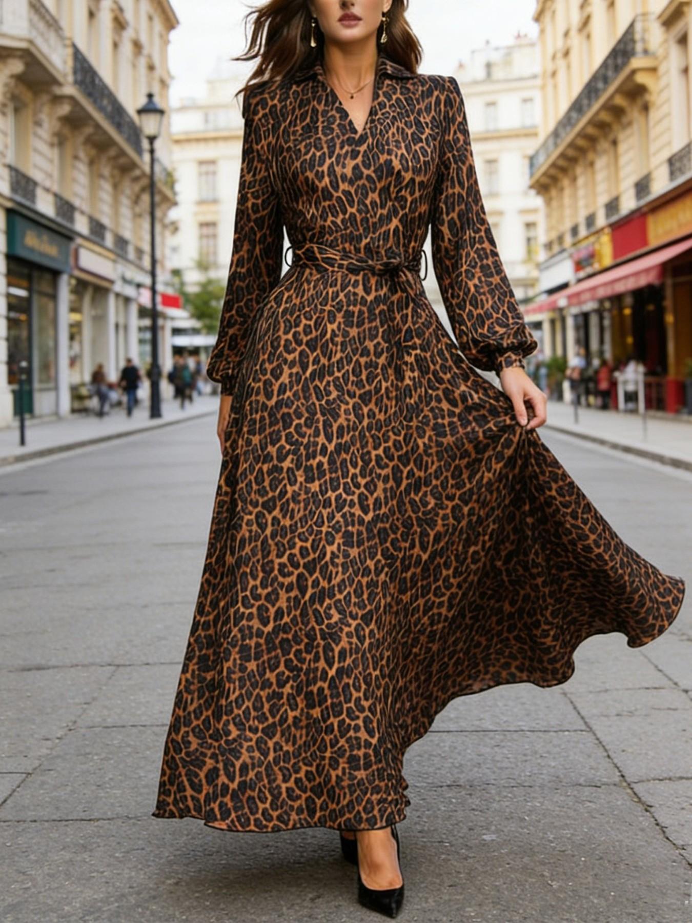 Women's Leopard Print Dress, V-Neck Long Sleeve Formal Party Gown ...
