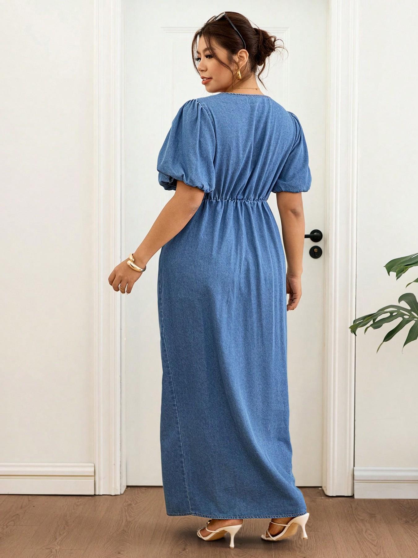 Plus Size Light Wash Denim Long Skirt, Women's Bubble Sleeve Front Tie ...