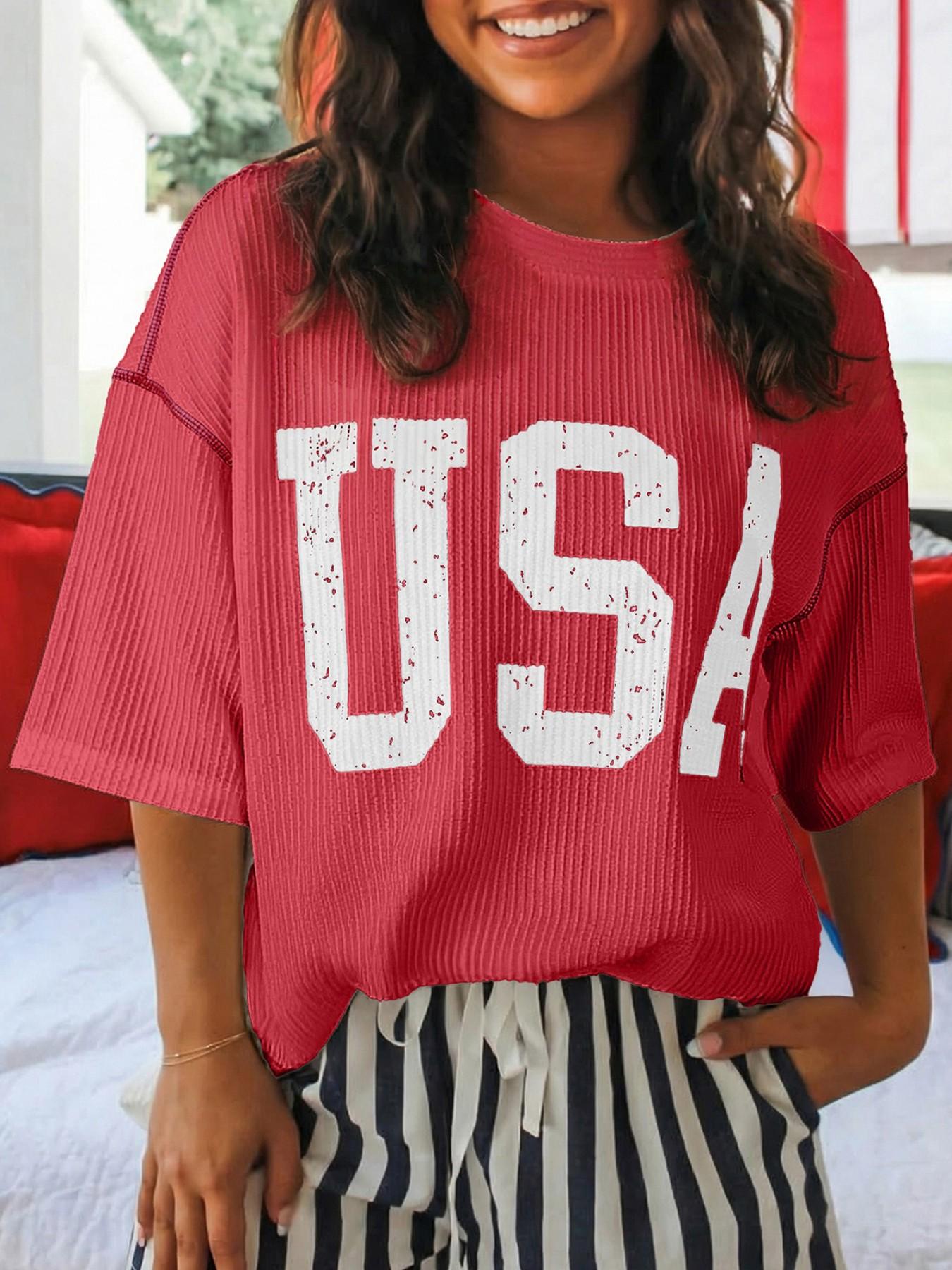 Summer Casual American Pattern Half Sleeve Loose Ribbed Top ...