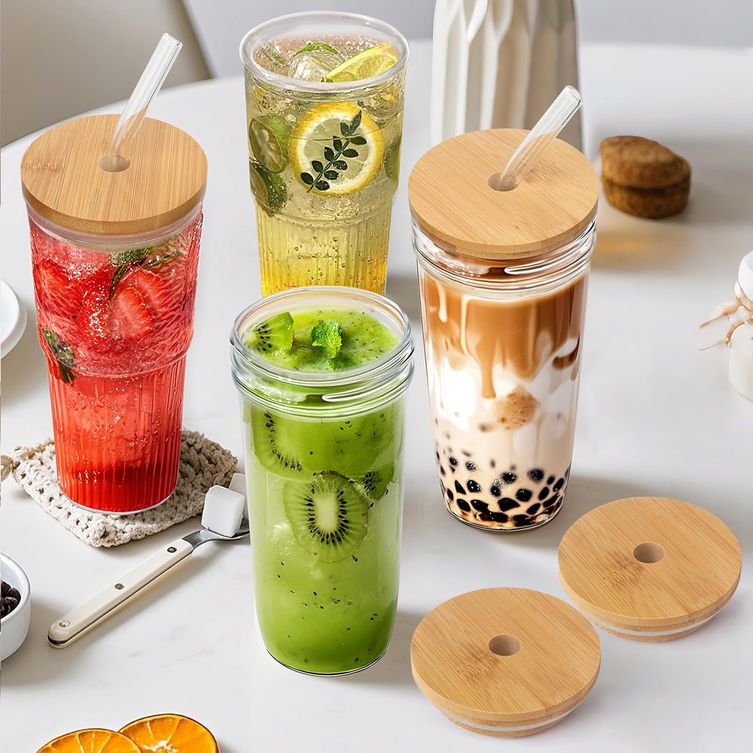 32oz Ribbed Glassware Large Cup, Glass Cups With And Straws,Iced Coffee ...