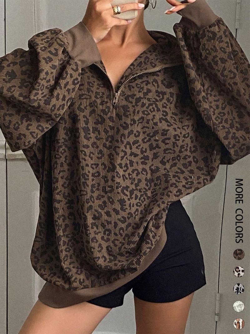 Women Casual Zip Up Front Corduroy Long Sleeve Leopard Print Sweatshirt ...