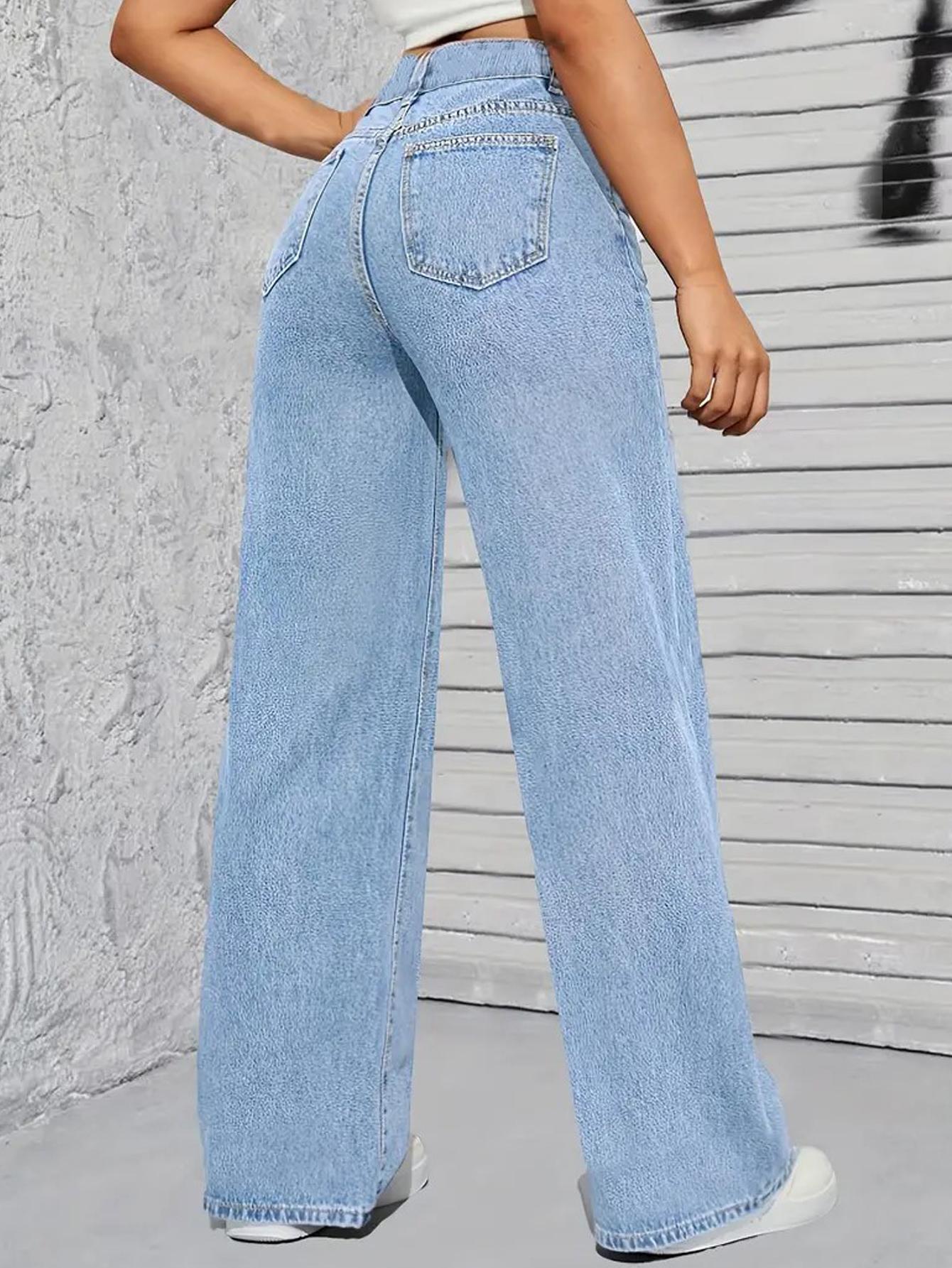 Women's Light Blue Denim Long Pants, Non-Elastic Casual Loose Fit ...