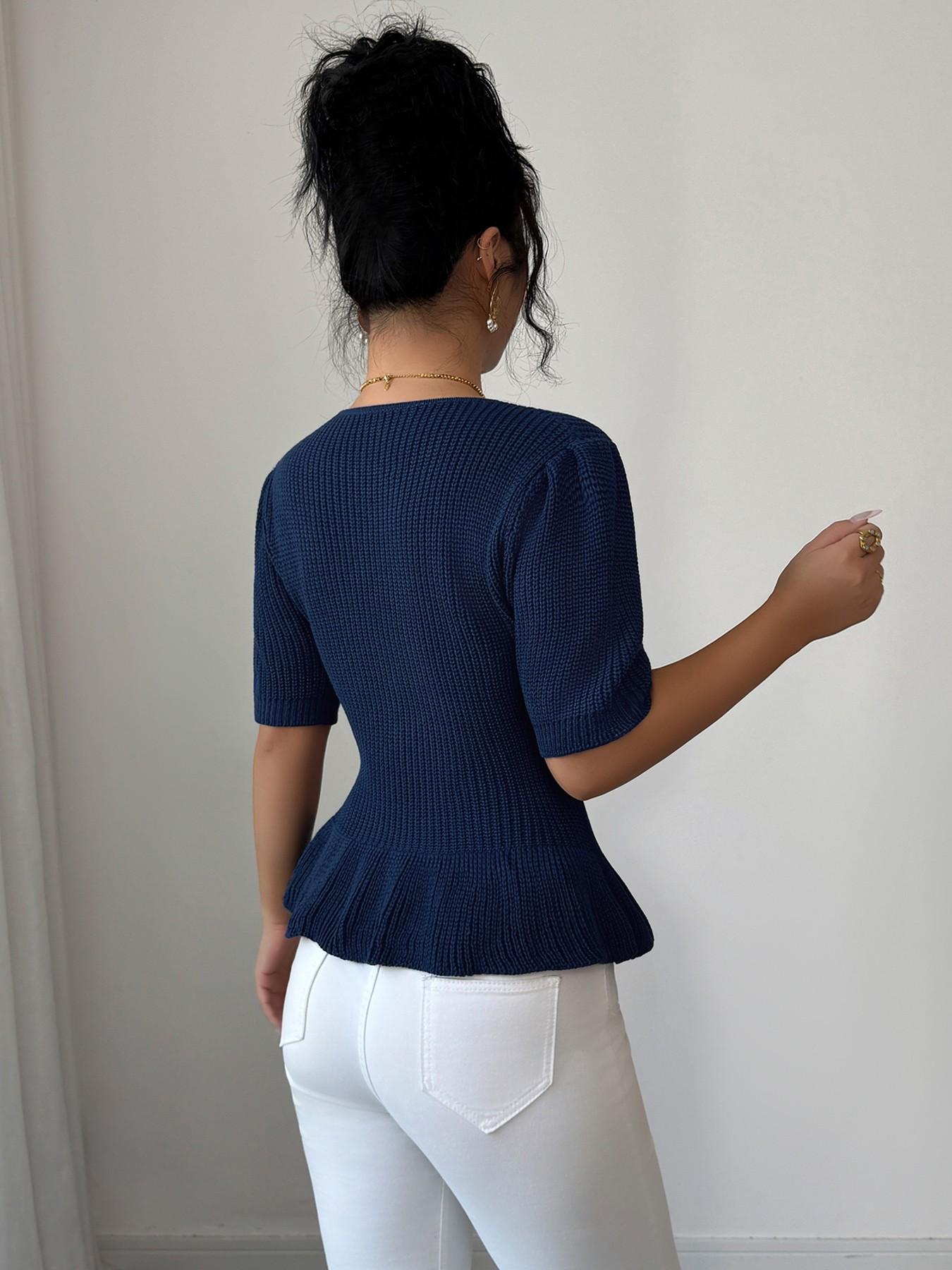 Women's Round Neck Short Sleeve Sweater, Metal Button Hem Ruffle ...