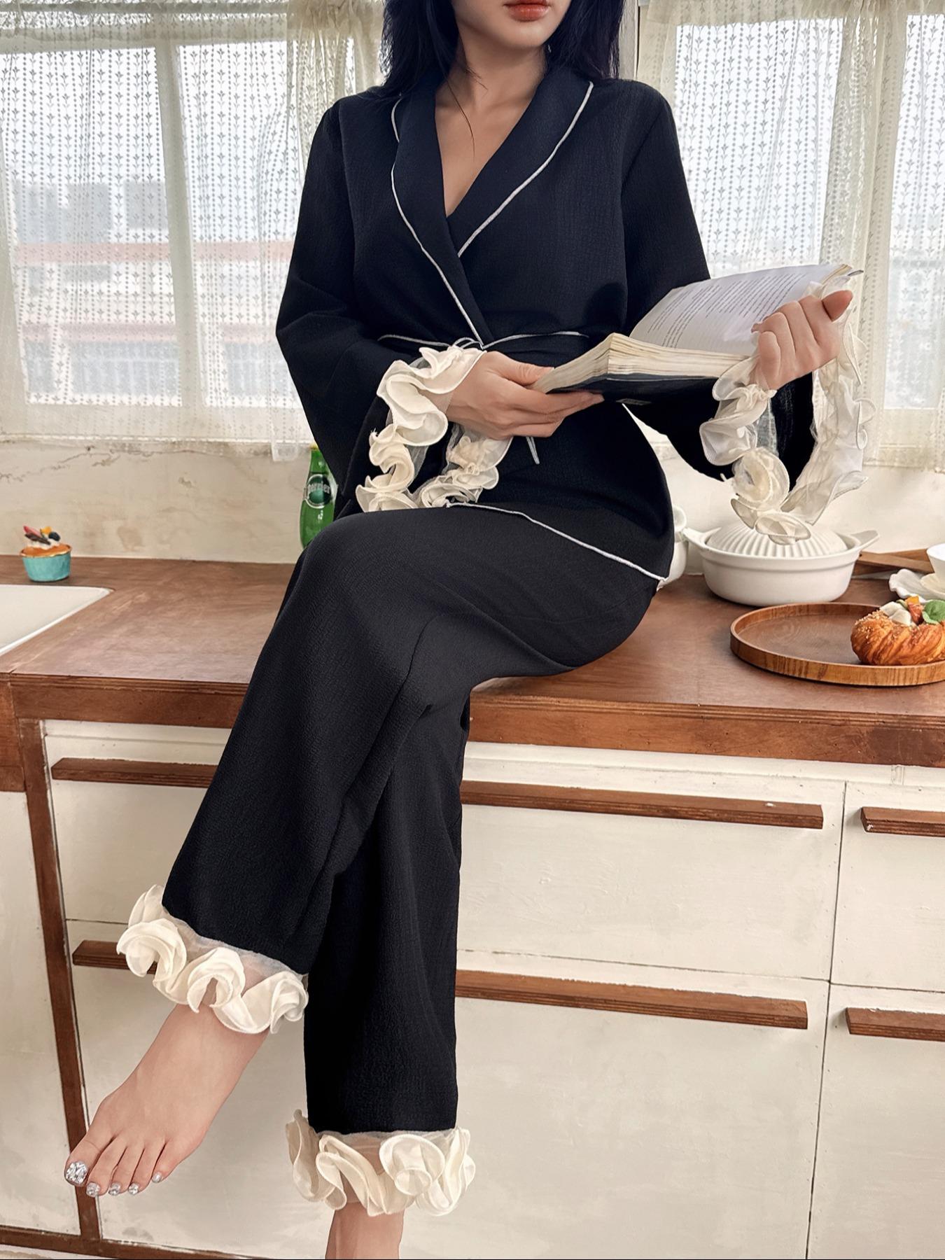 Women's Elegant Two-Piece Set, Long Sleeve Top and Pants Sleepwear ...