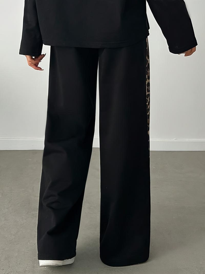 Women's Plus Size Wide Leg Pants, Side Leopard Print Design, Casual ...
