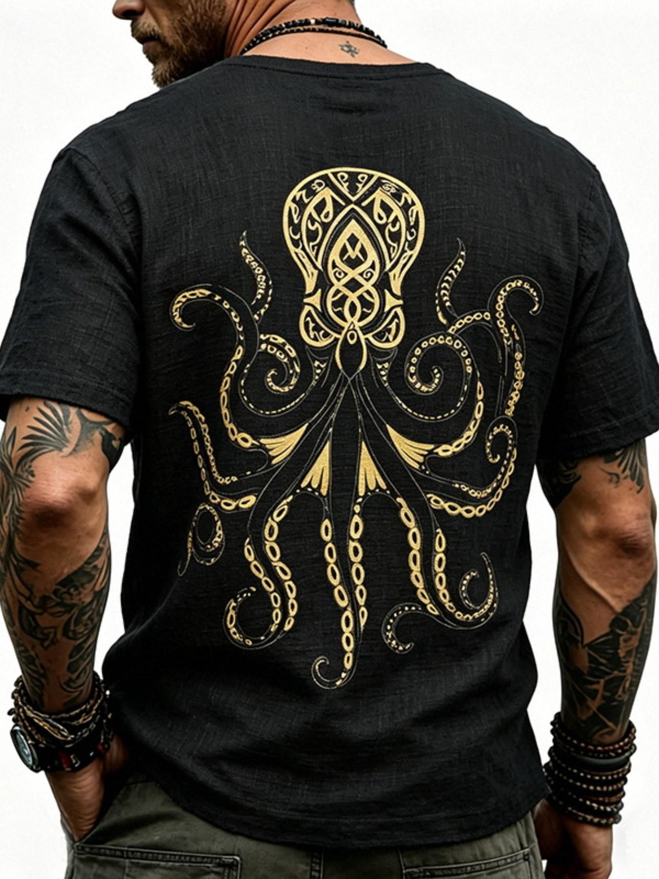 Men's Summer Gold Octopus Print Retro Hip Hop Linen T-Shirt, Short ...