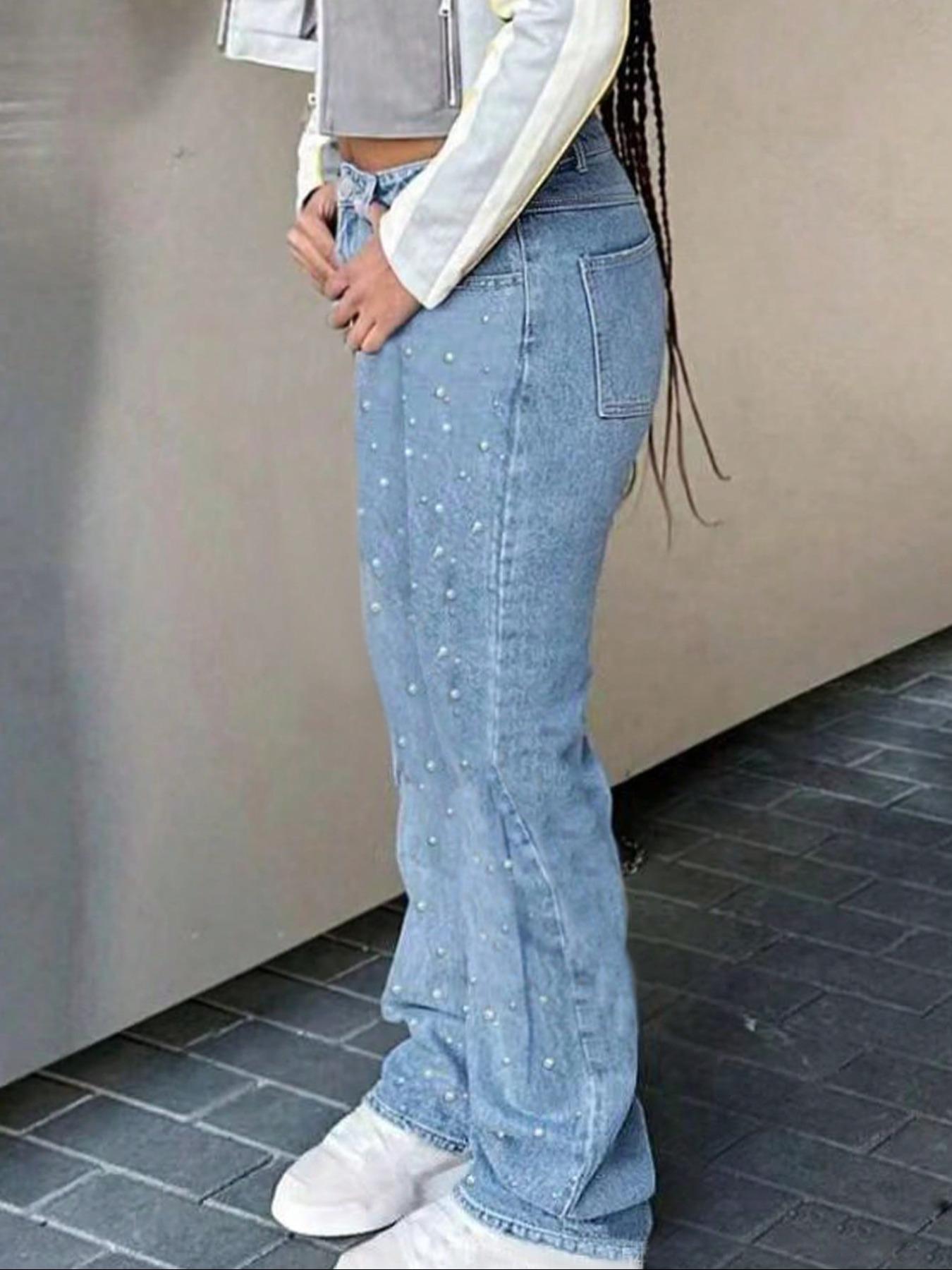 Women's Elegant Denim Wide Leg Pants, Rhinestone Zipper Pockets Design ...