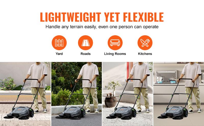 VEVOR Walk-behind Hand Push Floor Sweeper, 25.6" Sweeping Width Floor ...